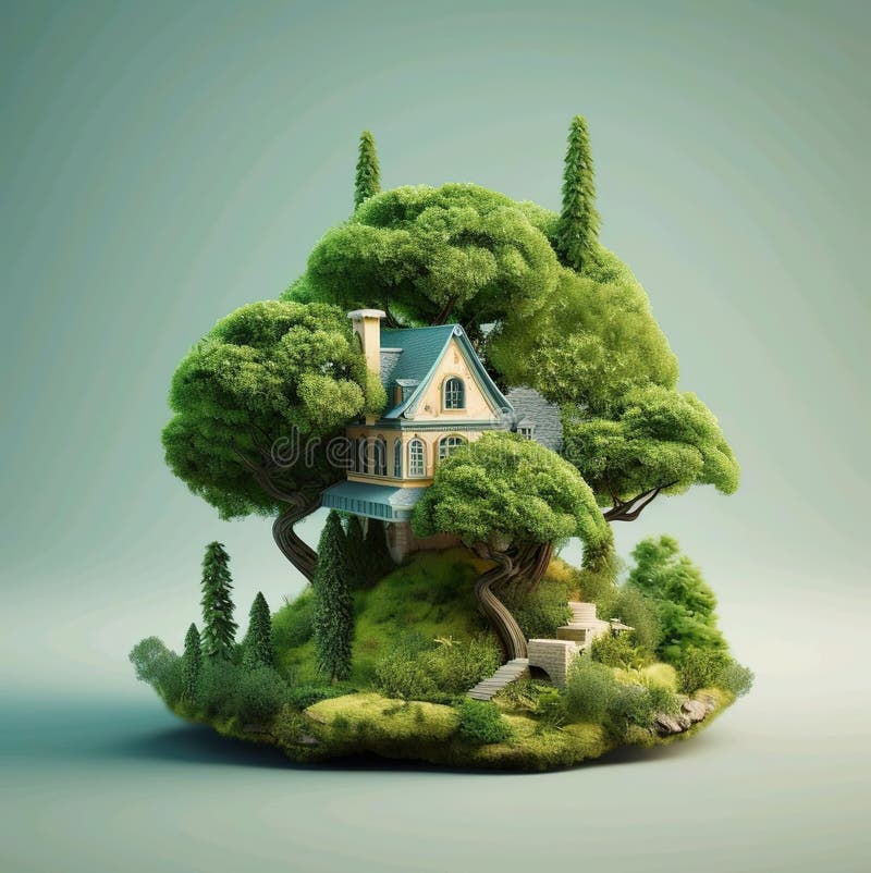 An Illustration Drawing of a House with a Picture of a Tree and a House ...