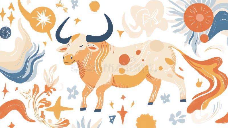 Stylized Bull with Floral Elements Stock Illustration - Illustration of ...