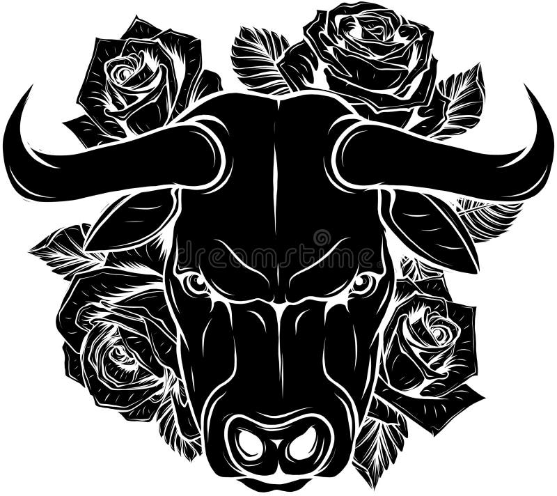 Vector Black Silhouette of Bull with Rose Stock Vector - Illustration ...