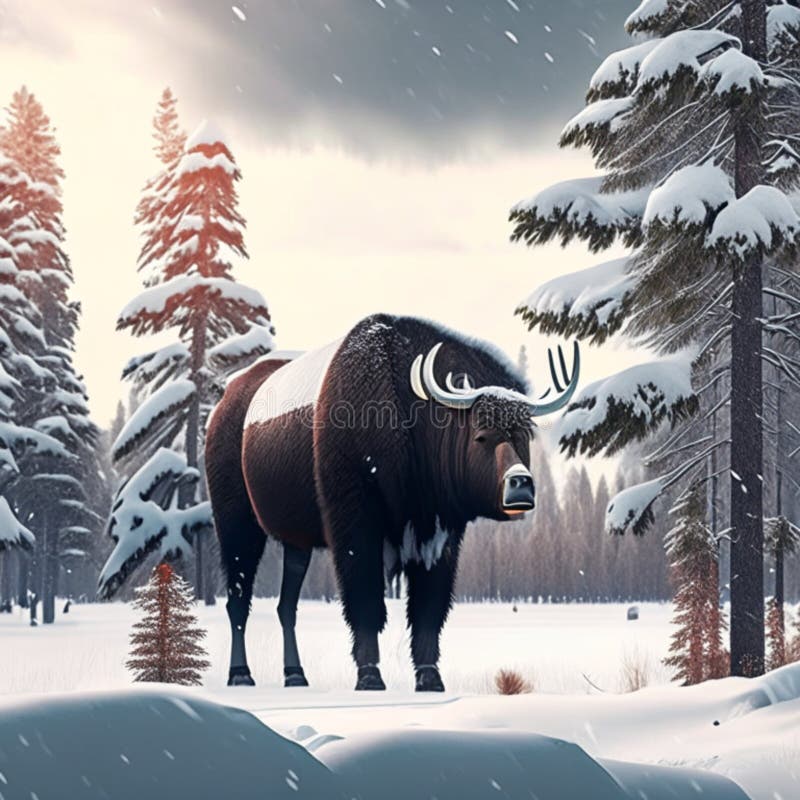 Illustration of a Bull in the Winter Forest. 3d Rendering Generative AI ...