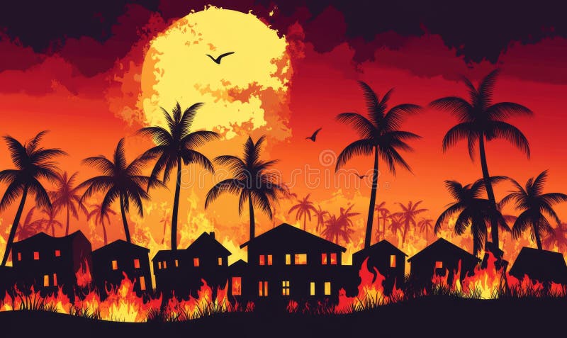 Illustration of a Burning City and Palm Trees. Generative AI. Stock ...