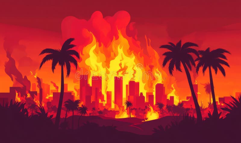 Illustration of a Burning City and Palm Trees. Generative AI. Stock ...
