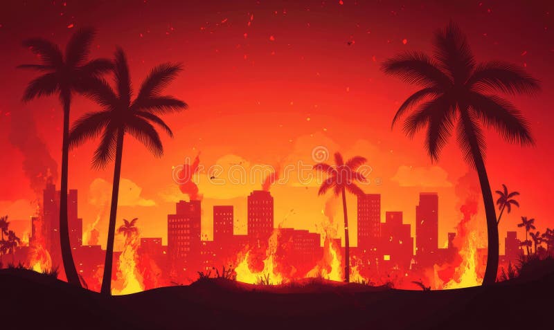 Illustration of a Burning City and Palm Trees. Generative AI. Stock ...