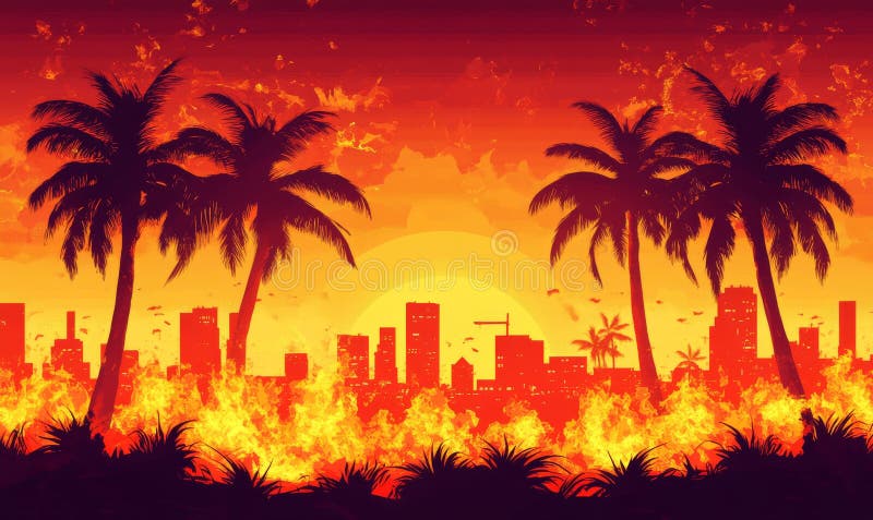 Illustration of a Burning City and Palm Trees. Generative AI. Stock ...