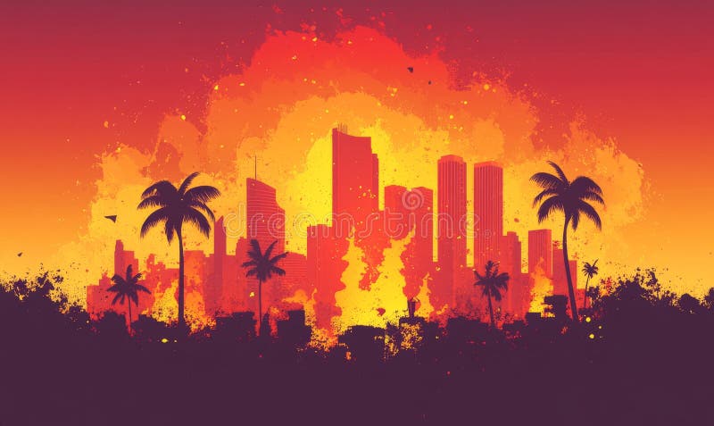 Illustration of a Burning City and Palm Trees. Generative AI. Stock ...
