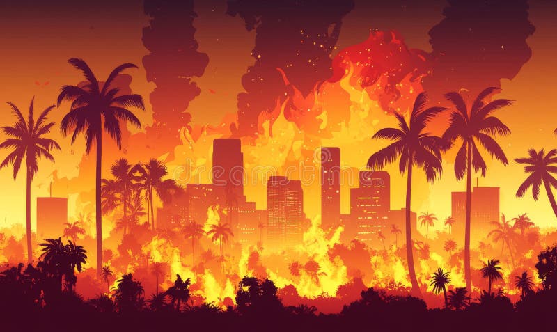 Illustration of a Burning City and Palm Trees. Generative AI. Stock ...