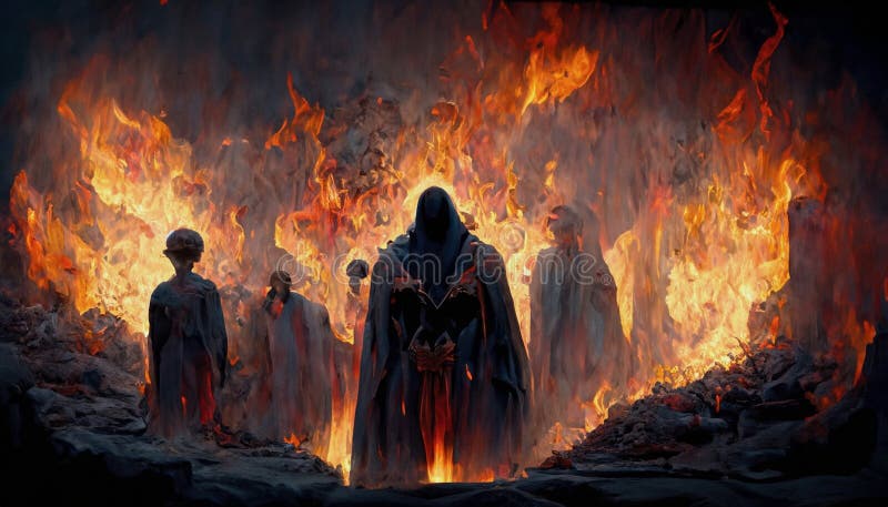 Illustration of a Burning Hell with Dark Figures Stock Illustration ...
