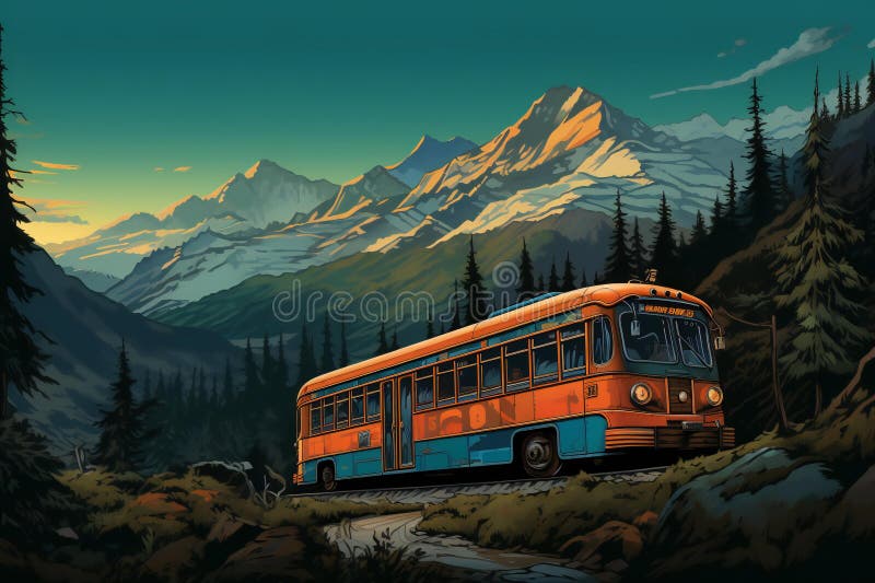 Illustration of a Bus in the Mountains on a Background of Blue Sky ...