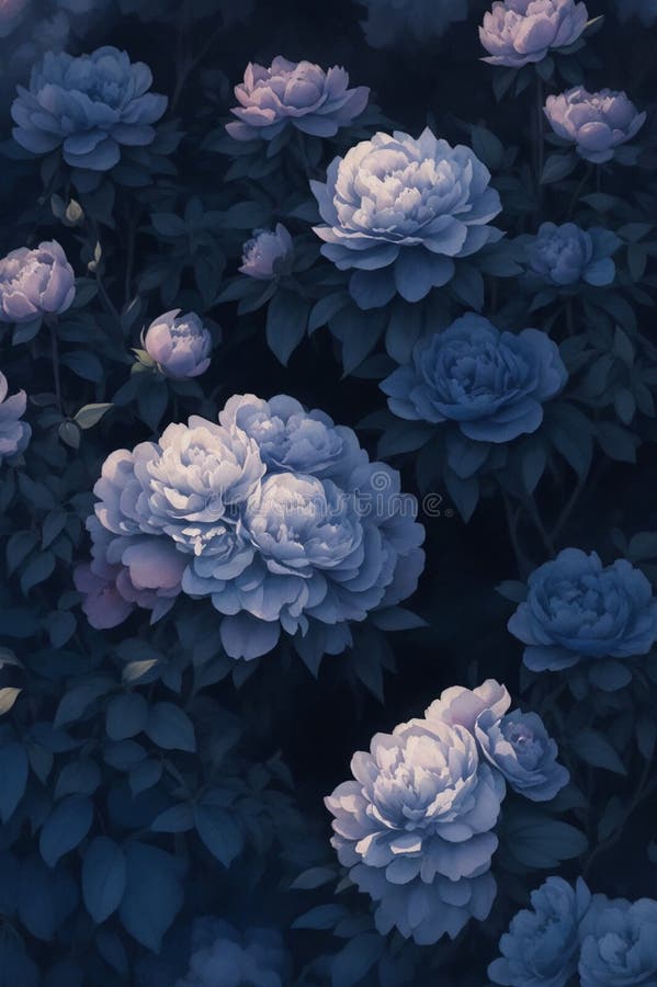 Illustration with a Bush of Dark Blue Peonies Stock Illustration ...