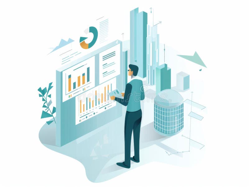 Illustration of a Business Analyst Analyzing Data and Charts on a Large ...