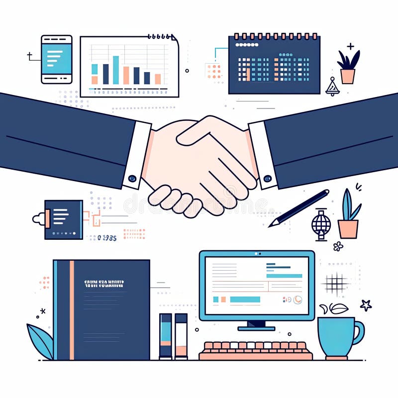 Illustration of Business Handshake with Office Elements Around Stock ...