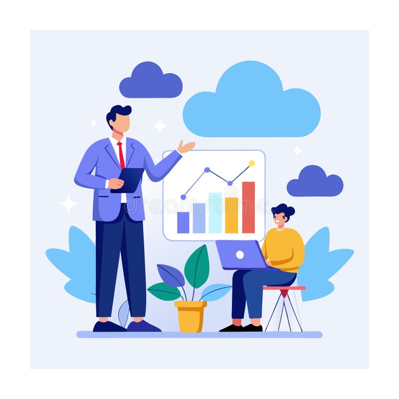 Business Presentation with Charts and Collaboration in Cloud Style Flat ...
