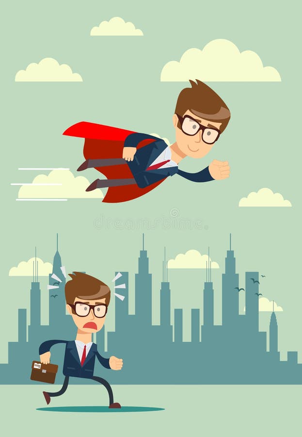 Illustration of Businessman with Red Cape Fly Pass His Competitor Stock ...