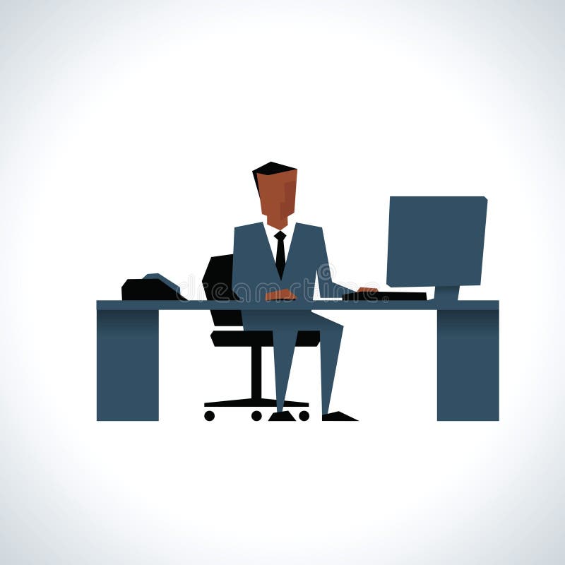 Illustration of Businessman Sitting at Desk Using Computer Stock Vector ...