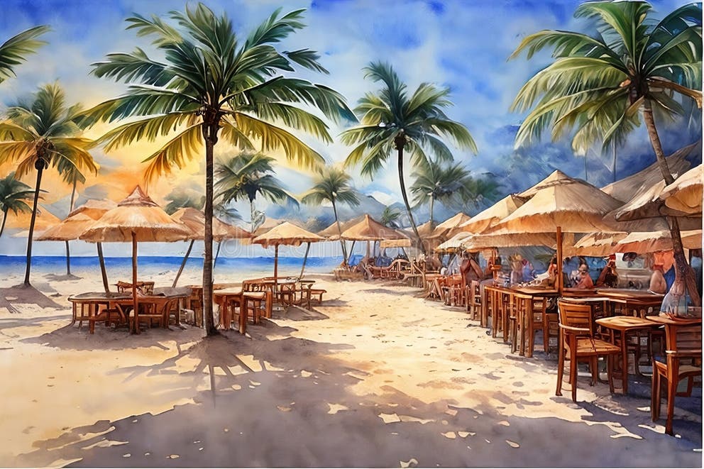 Illustration of Cafe on the Beach in Watercolor Technique Stock ...