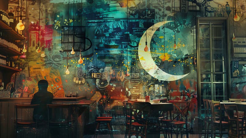 Illustration of a Cafe Interior with a Crescent Moon on the Wall Stock ...