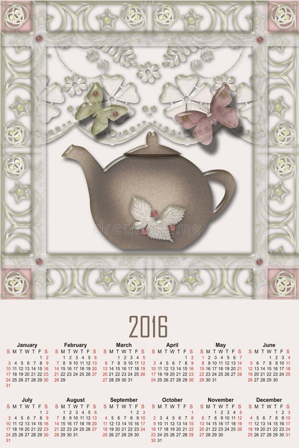 Illustration Calendar for 2016 with Cute Pot Stock Illustration ...