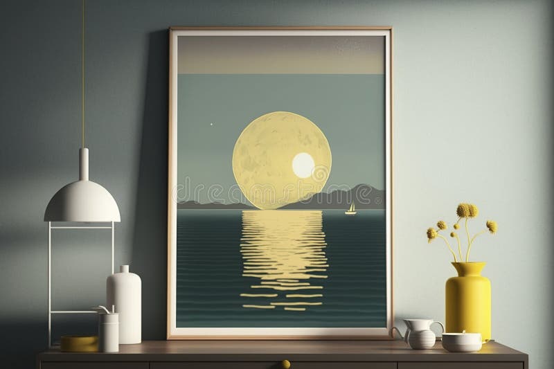 Illustration, Calm Seascape with a Crescent Moon, Ai Generative Stock ...