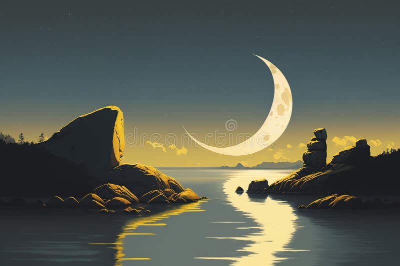 Illustration, Calm Seascape with a Crescent Moon, Ai Generative Stock ...