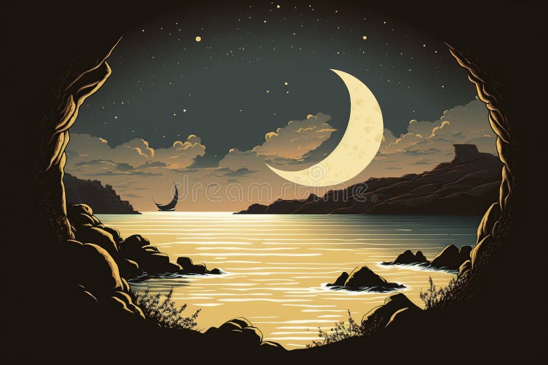 Illustration, Calm Seascape with a Crescent Moon, Ai Generative Stock ...