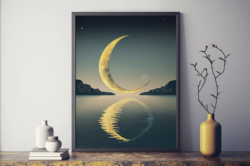 Illustration, Calm Seascape with a Crescent Moon, Ai Generative Stock ...