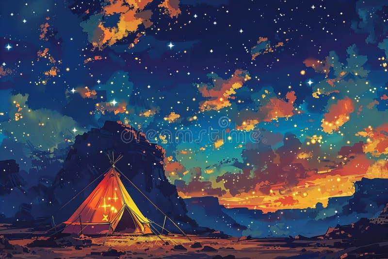Illustration of Camp Tent with Stars in the Sky Over a Mountain Stock ...