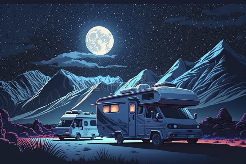 Illustration, Campers in a Caravan Parked in a Starry Night ,generative ...