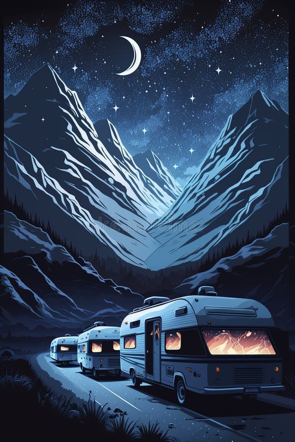 An Illustration, Campers in a Caravan Parked in a Starry Night ...