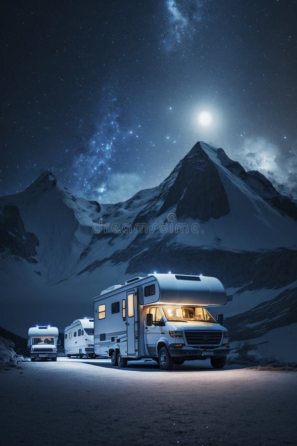 An Illustration, Campers in a Caravan Parked in a Starry Night ...
