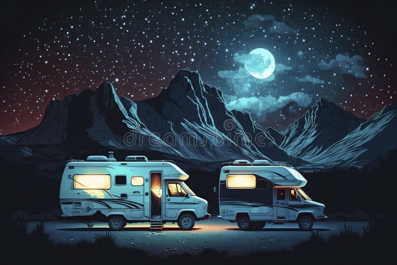 An Illustration, Campers in a Caravan Parked in a Starry Night ...