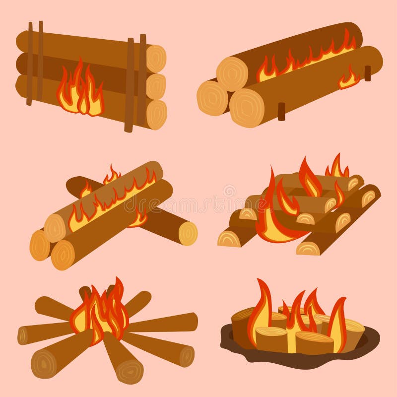 Illustration Of Campfire Logs Burning Bonfire And Firewood Stack Vector