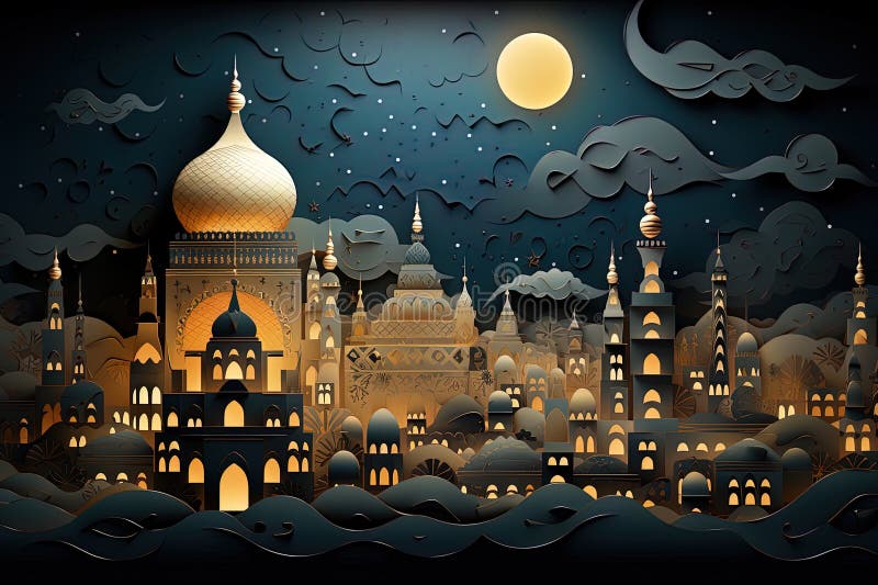 Illustration Capturing the Beauty of a Moonlit Mosque during Eid, with ...
