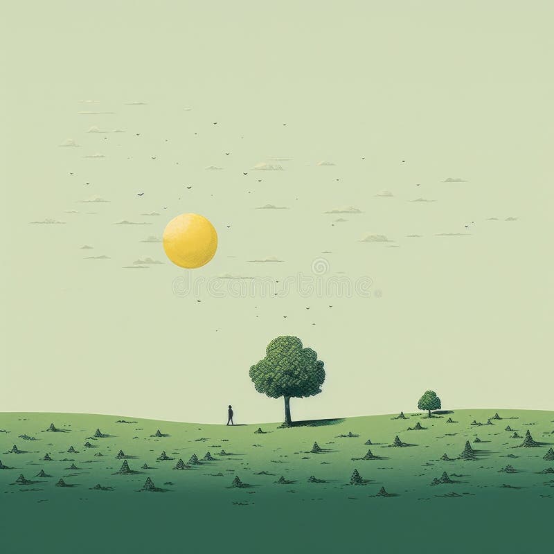 Minimalist Cartoon Landscape with Detailed Character Illustrations ...