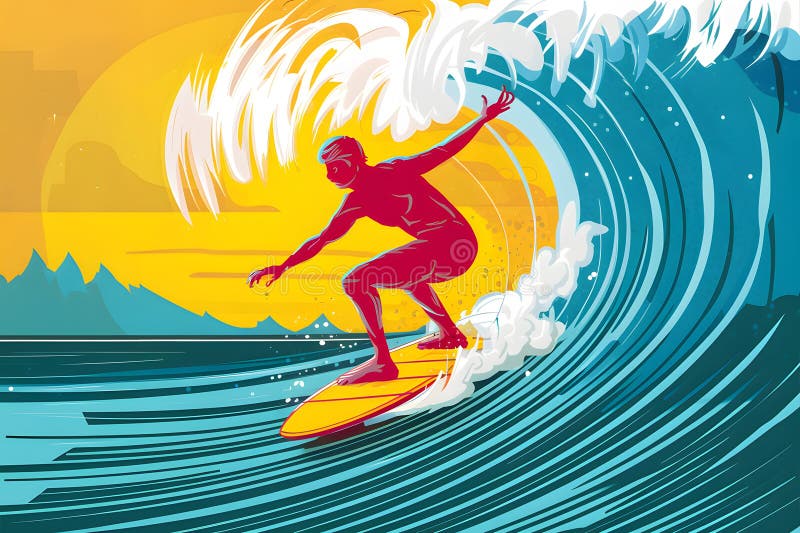 Illustration Capturing Surfer Riding Ocean Wave with Skill and Grace ...