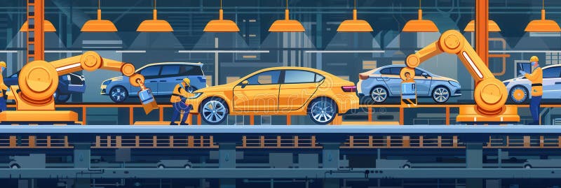 An Illustration of a Car Assembly Line with Workers and Robots ...