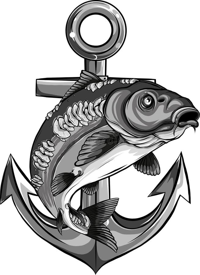 Monochromatic Illustration of Carp Fish with Anchor Stock Vector ...