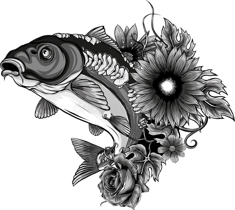 Monochromatic Illustration of Carp and Flowers Design Stock Vector ...