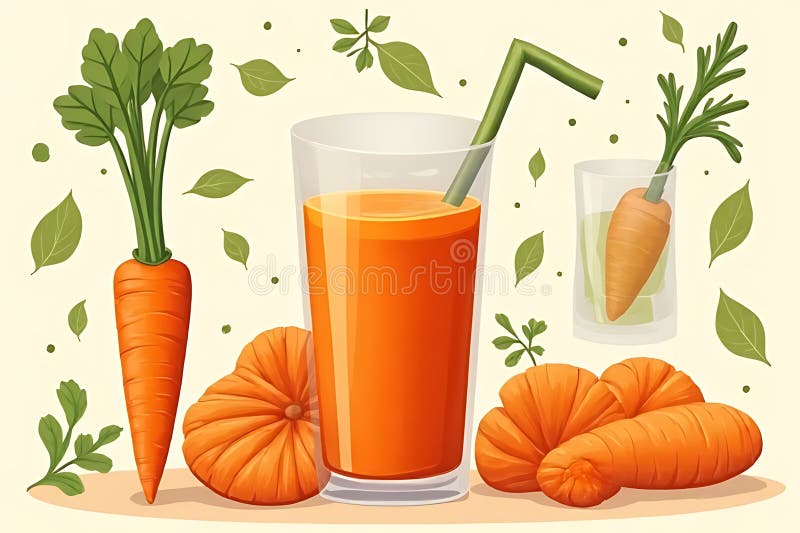 Illustration of Carrot Juice with Whole Carrots and Carrot Pieces Stock ...