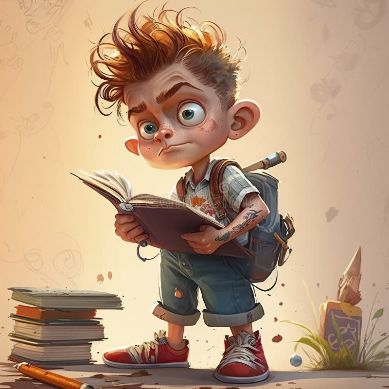 Illustration Cartoon, Boy with Books, Ai Generative Stock Illustration ...