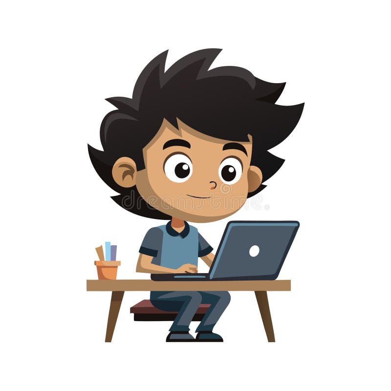 Boy Cartoon Character Working on Laptop at Desk Illustration Design ...