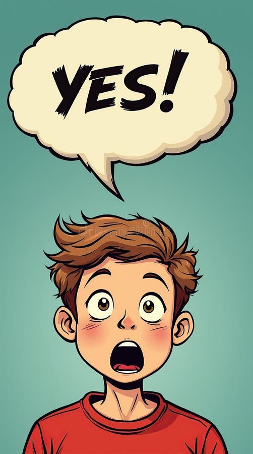 Comic Style Surprised Boy with Excited Expression and Yes Speech Bubble ...
