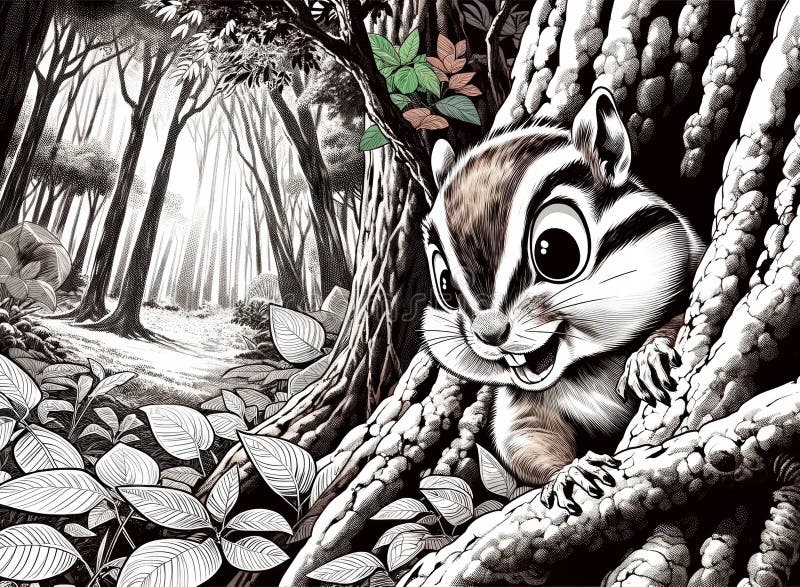 Illustration of a Cartoon Chipmunk Peeking Out from a Tree in a Forest ...