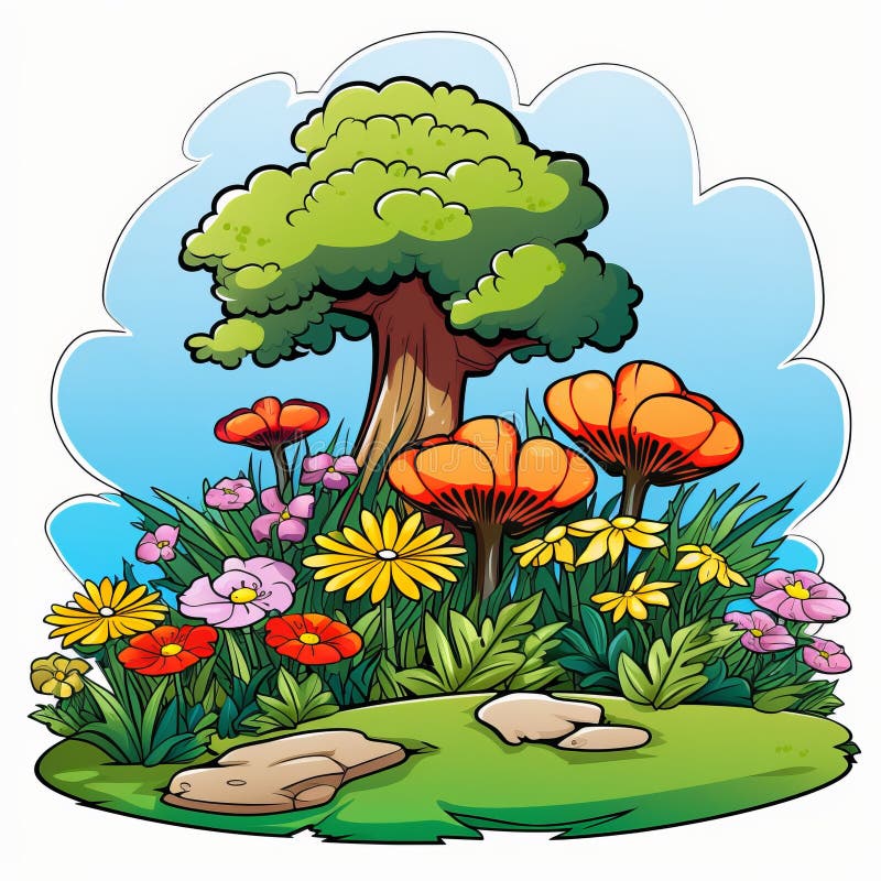 Illustration of a Cartoon Garden with Flowers and Trees Stock ...
