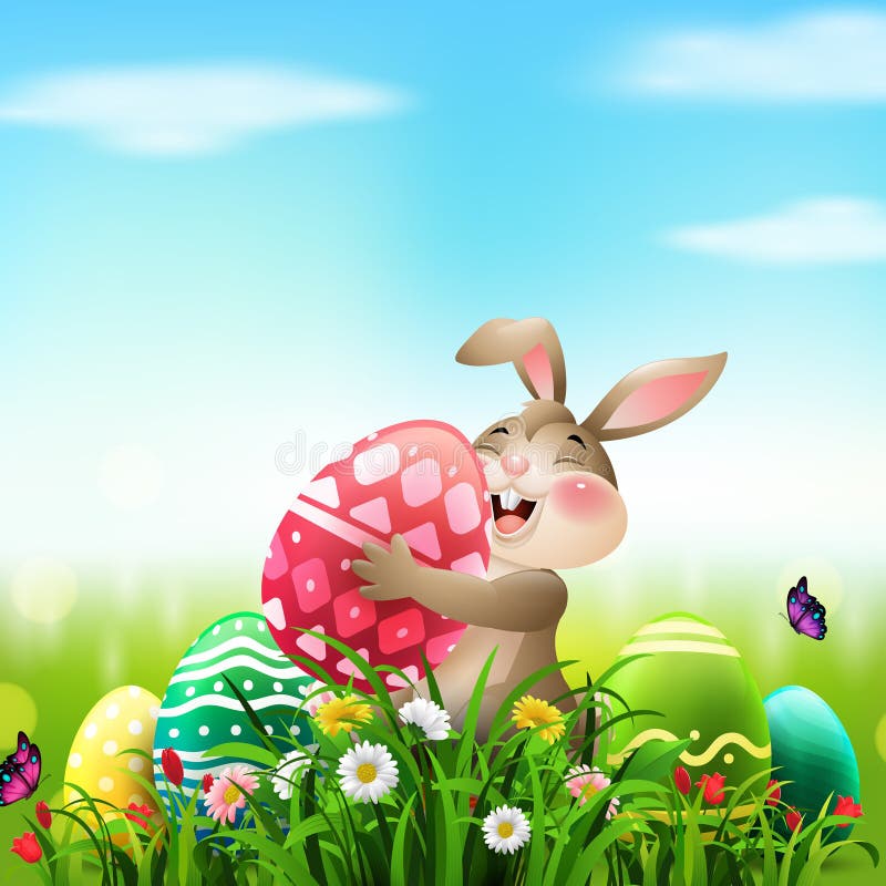 Cartoon Rabbit Holding Easter Egg in Field Stock Vector - Illustration ...