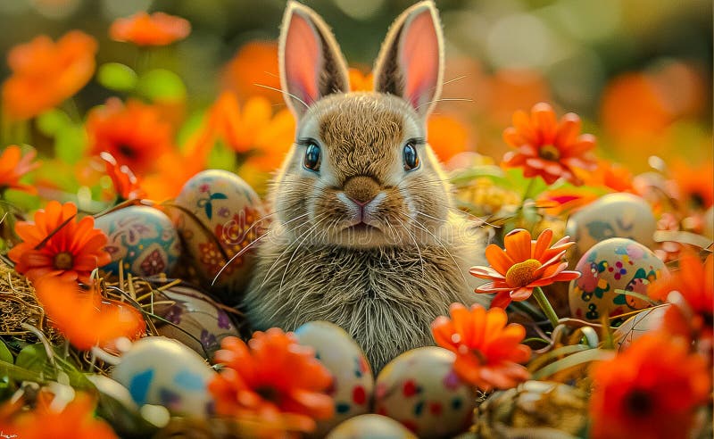 Illustration of a Cartoon Red Easter Bunny with Eggs Stock Illustration ...