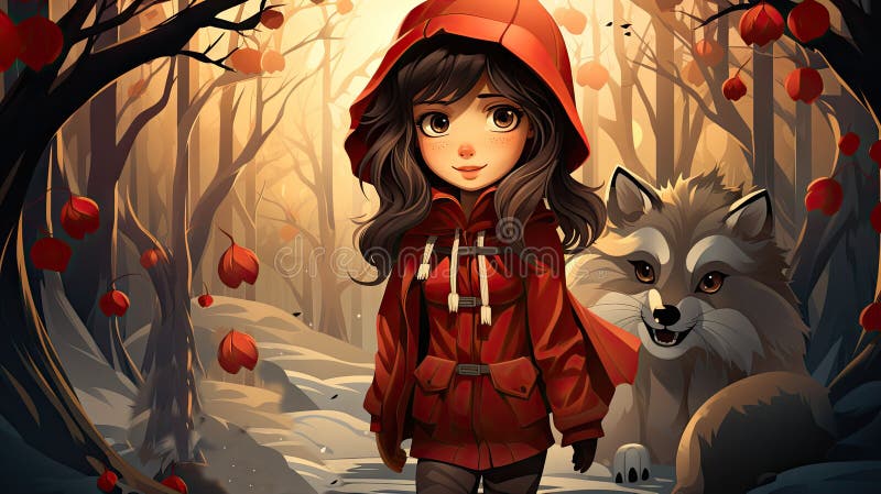 Illustration of Cartoon Red Riding Hood on the Forest Path Stock ...