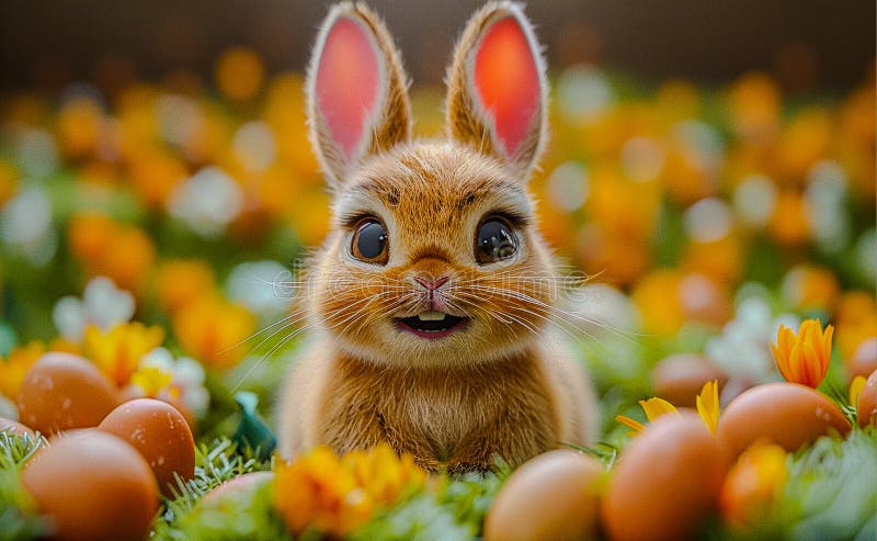 Illustration of a Cartoon Red Smiling Easter Bunny with Eggs Stock ...