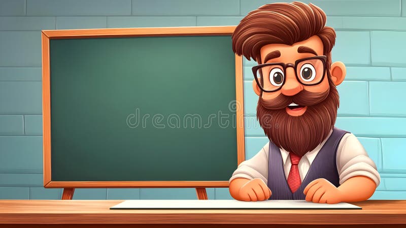 Illustration - Cartoon Teacher at Desk with Blank Chalkboard Background ...