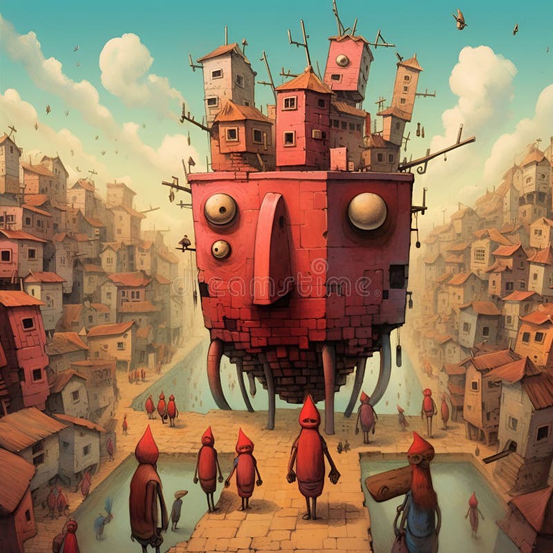 Illustration of a Cartoon Town with Advanced Alien Technology. Stock ...