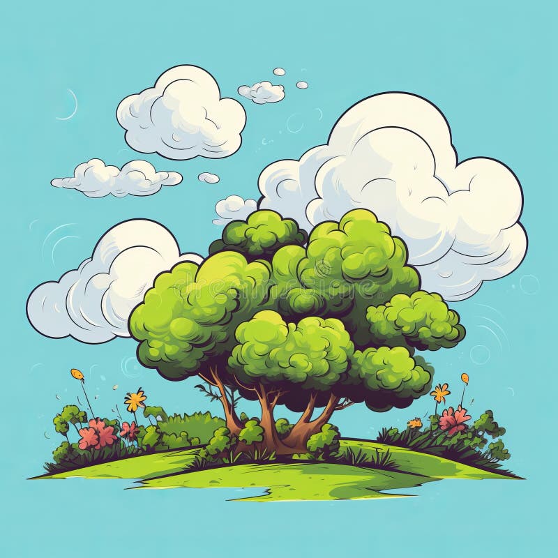An Illustration of a Cartoon Tree with Clouds in the Sky Stock ...